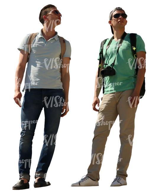 two backlit men standing and looking at smth seen from below - VIShopper