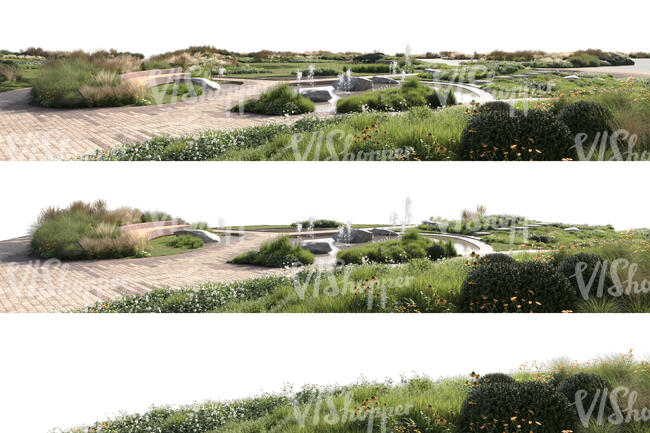 rendering of a foreground with pavement and plants on three separate ...