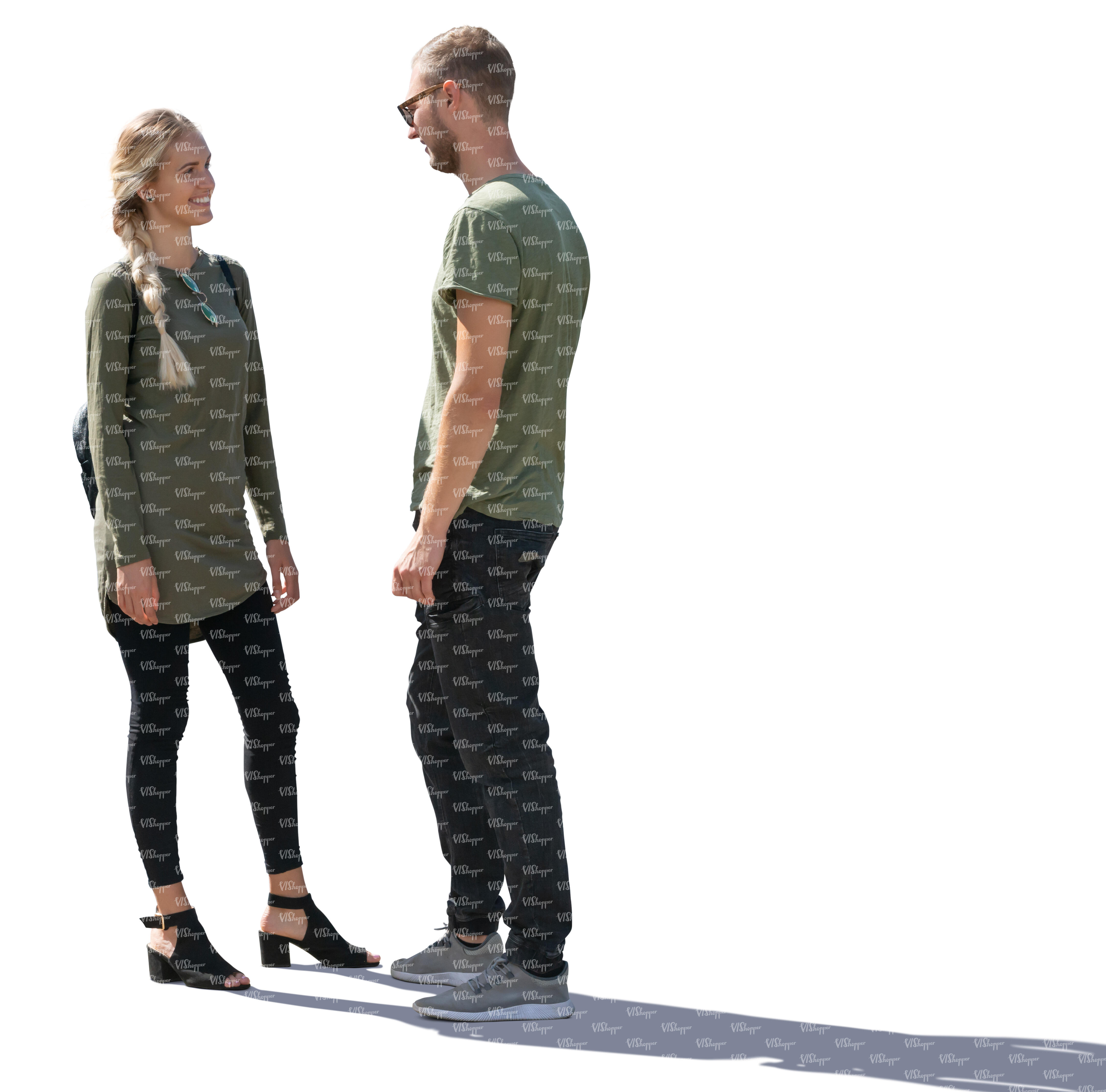 backlit man and woman standing and talking - VIShopper