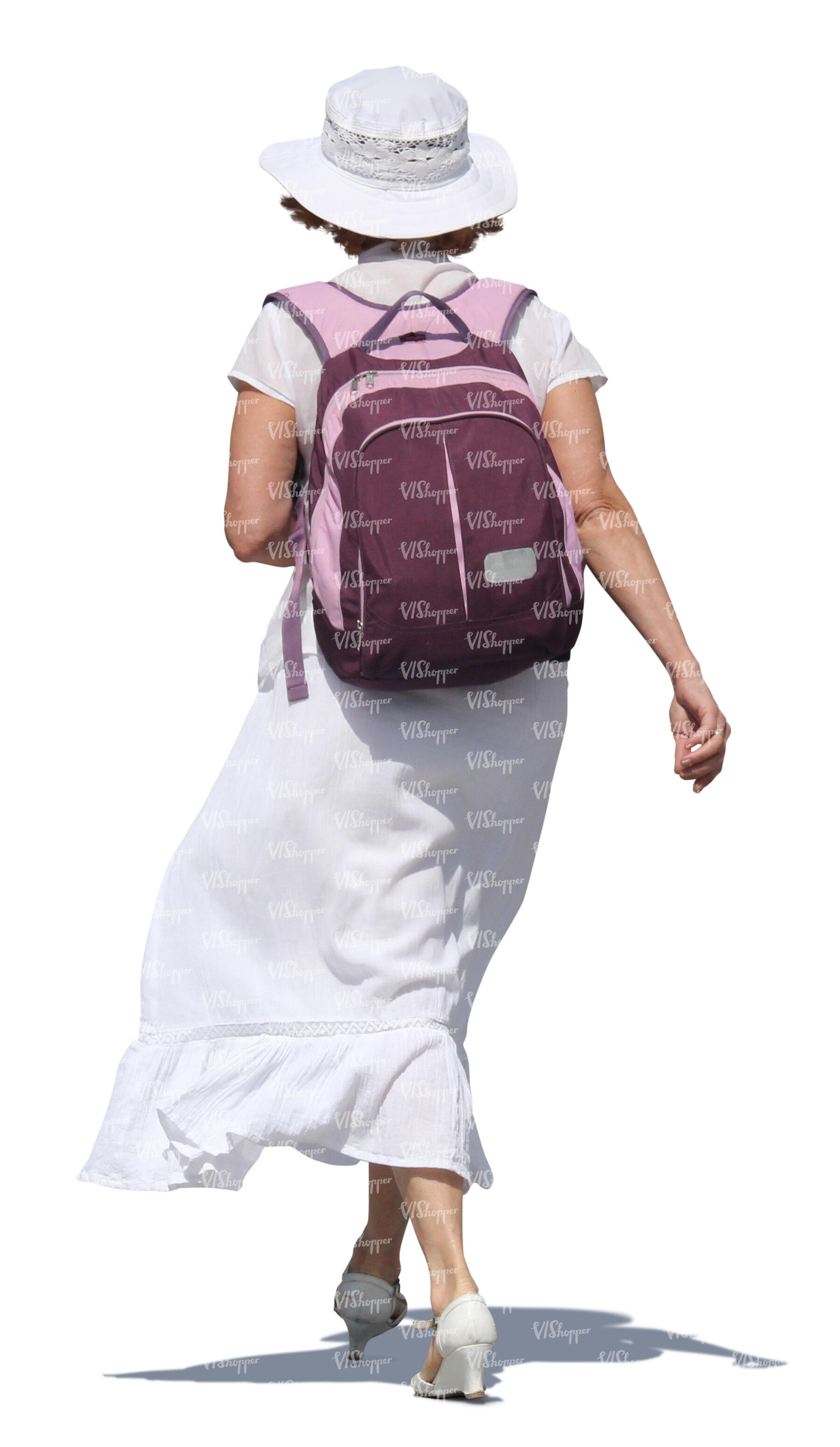 woman in a white dress carrying a backpack walking - VIShopper