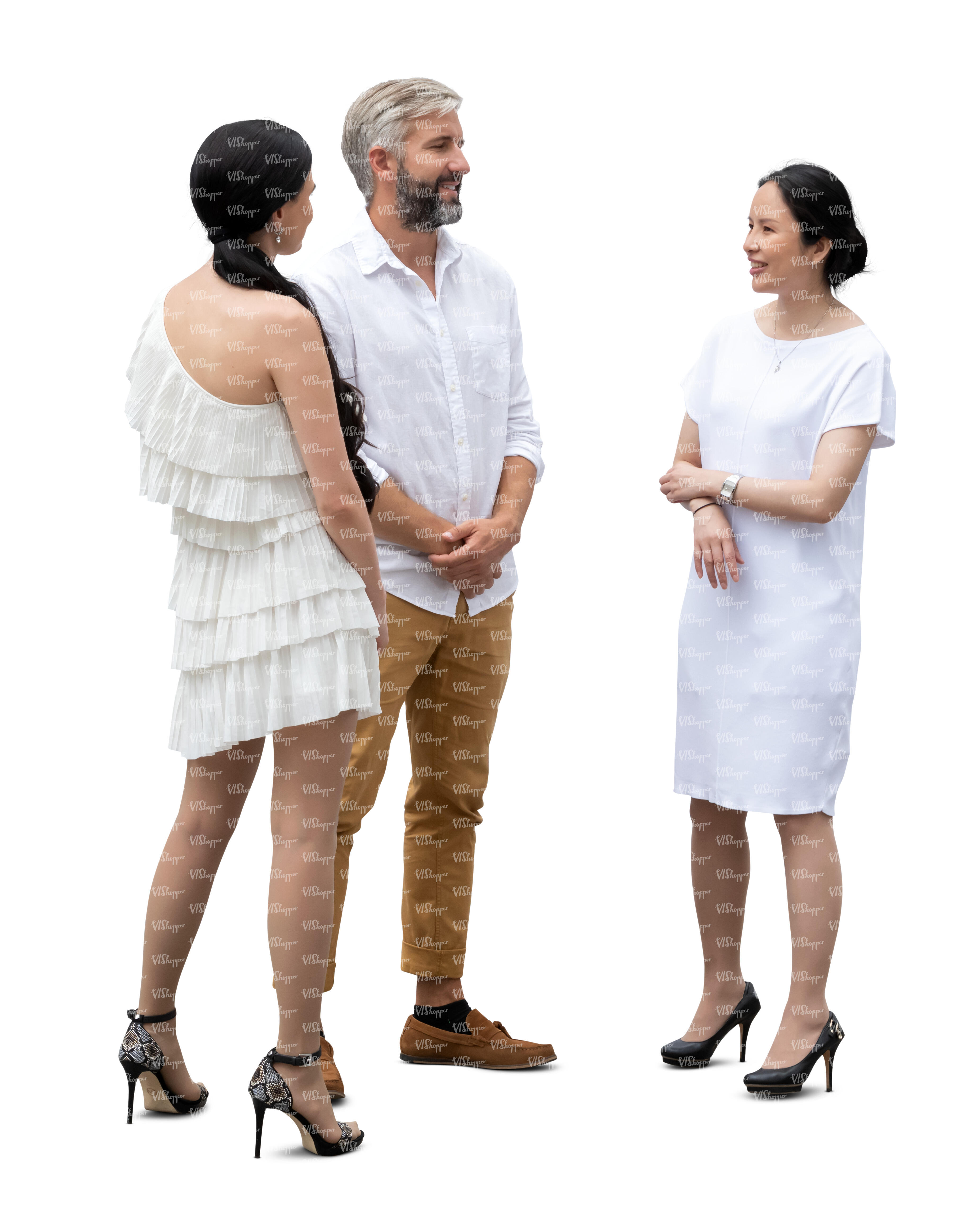 cut out group of three people at a summer party standing and talking ...