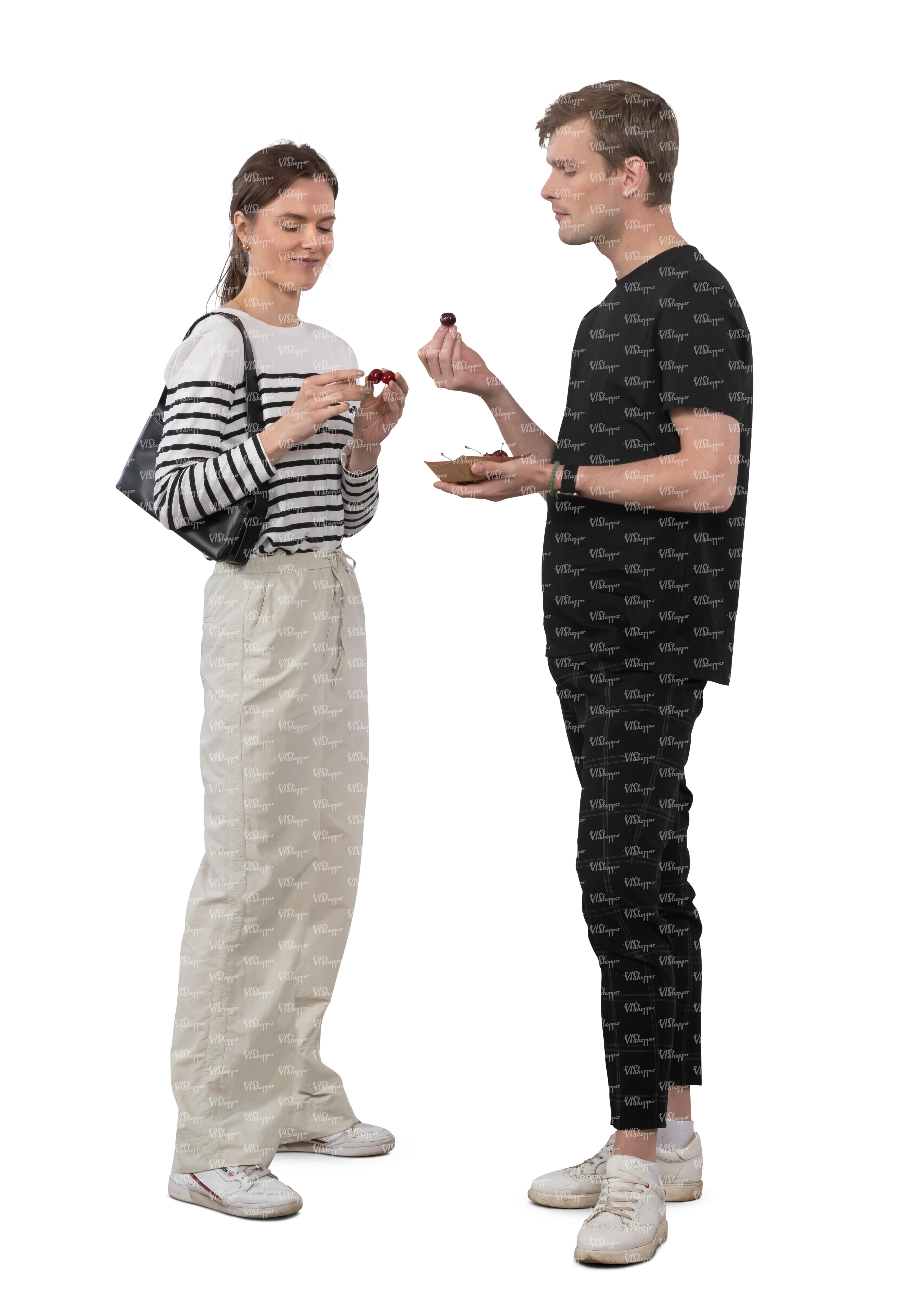 woman and man standing and eating cherries - VIShopper