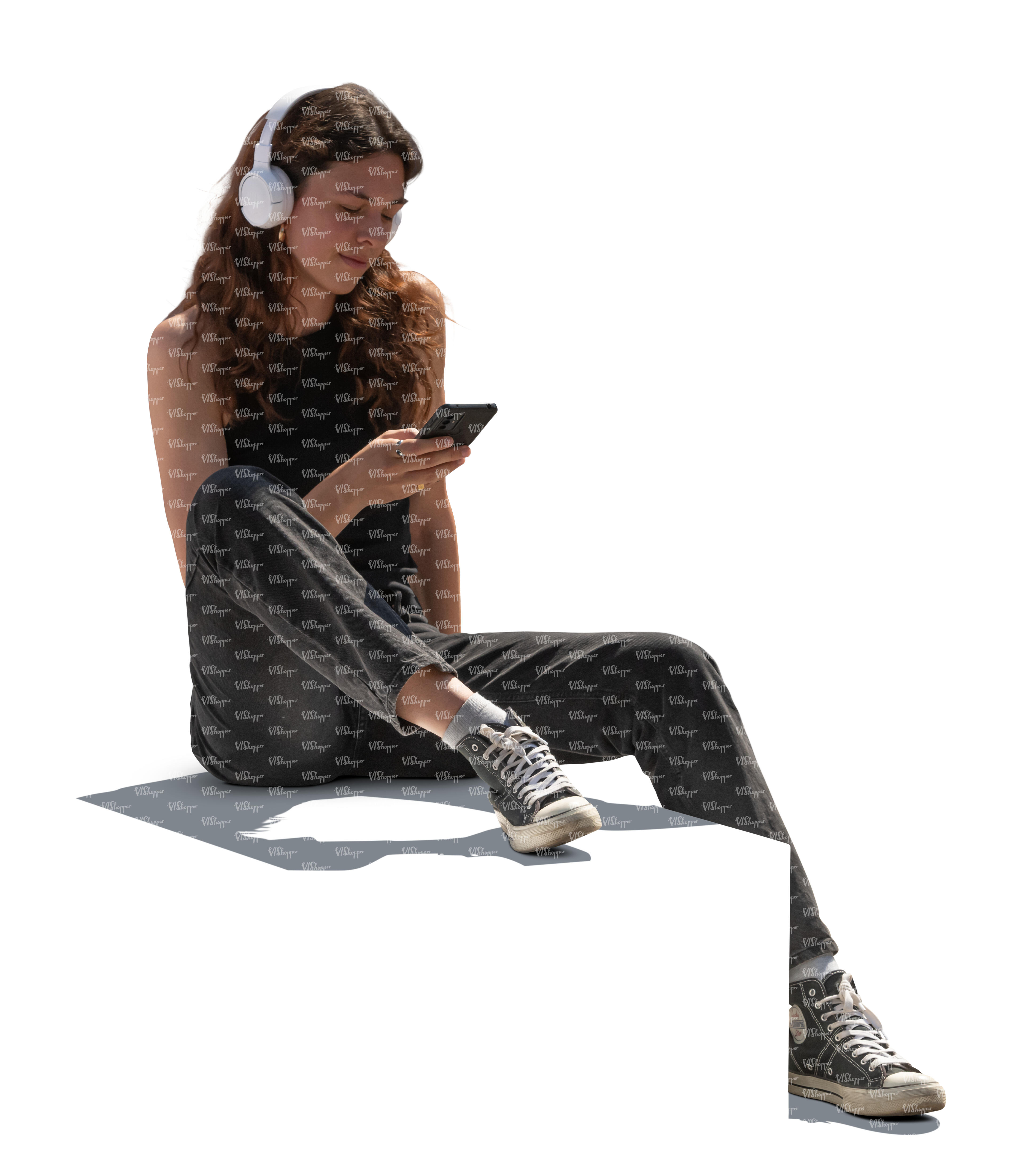 cut out woman with headphones sitting and listening to music - VIShopper