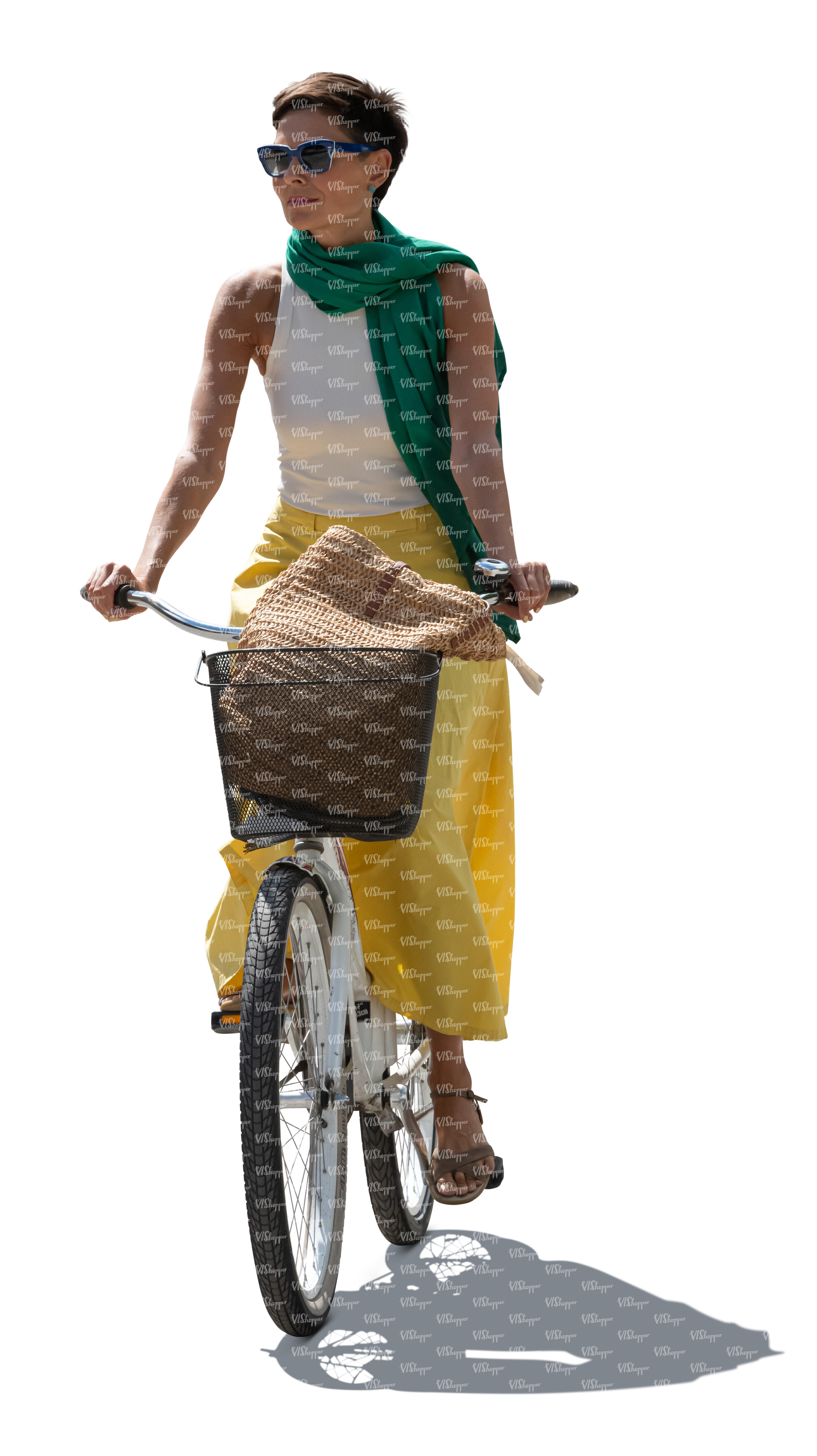 backlit woman in a colorful outfit riding a bike - VIShopper